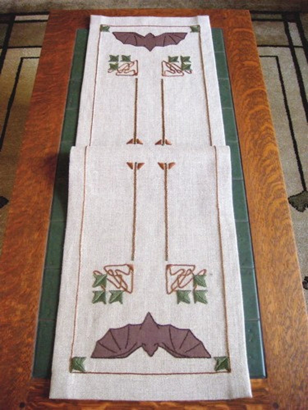 Bat Motif Table Scarf Craftsman Style Hand Embroidered - Etsy
