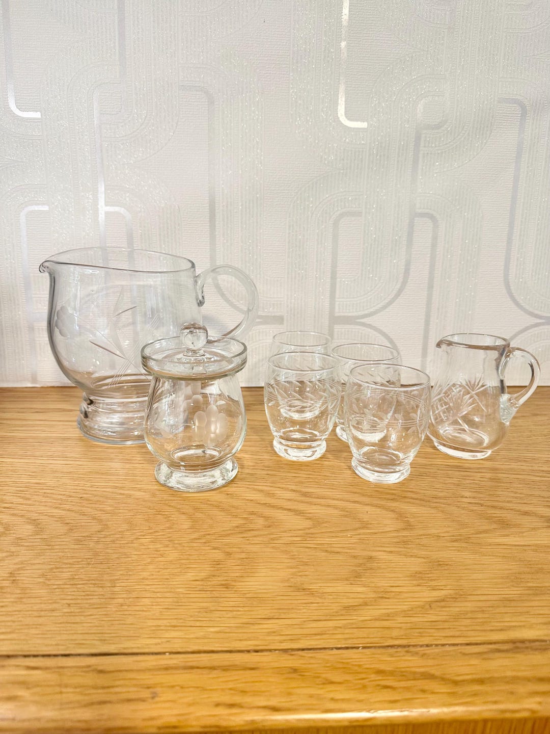 Vintage Etched Glass Collection. Jug, Pitcher. Glasses. Sugar/condiment ...