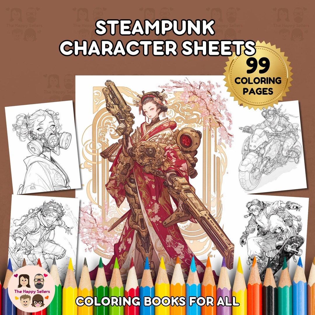 Steampunk Character Sheets Coloring Book INSTANT DOWNLOAD 99 Pages + 2 ...