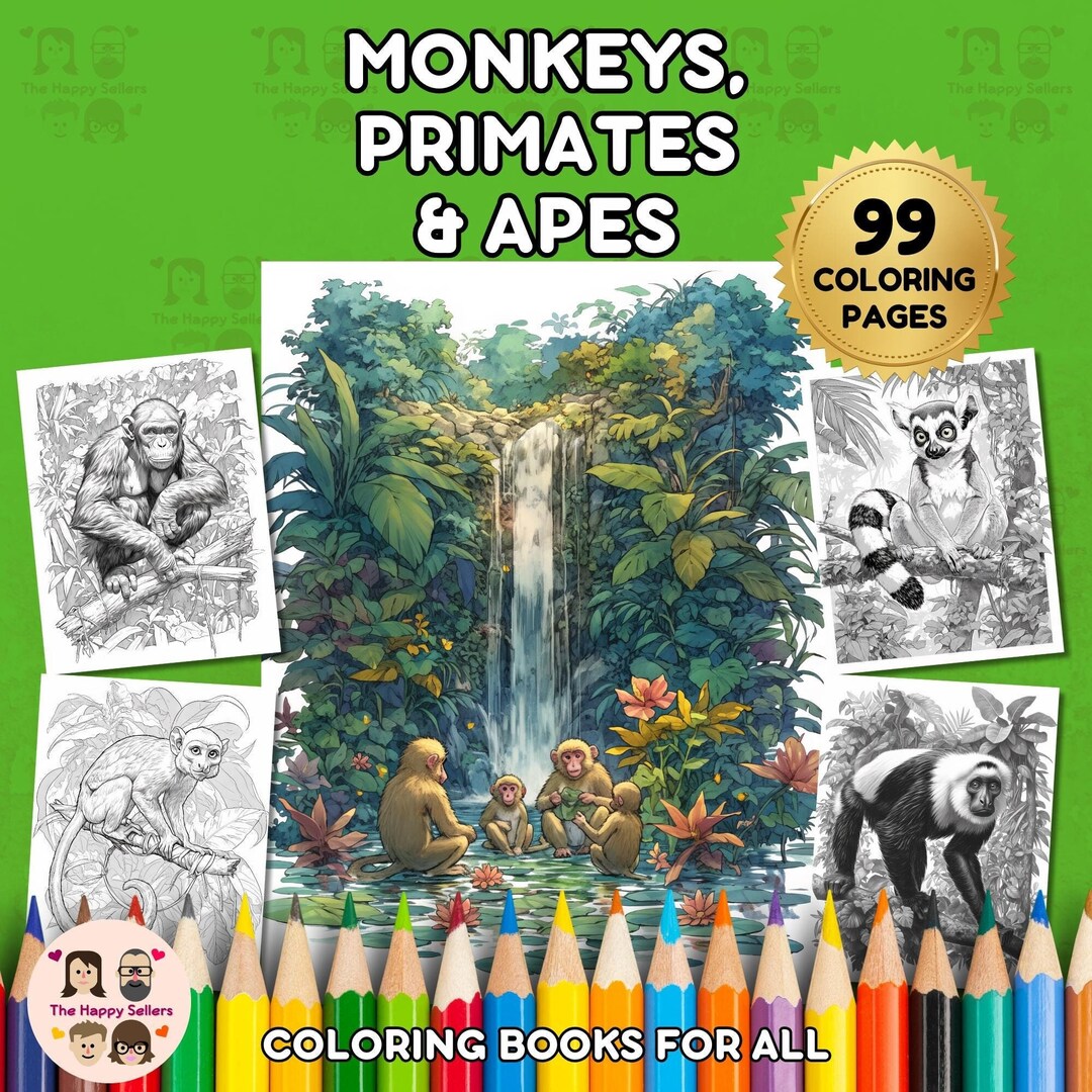 Monkeys, Primates & Apes Coloring Book INSTANT DOWNLOAD 99 Coloring ...