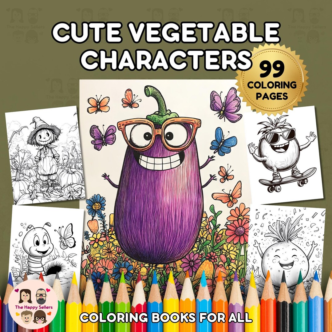 Cute Vegetable Characters Coloring Book INSTANT DOWNLOAD 99 Designs + 2 ...