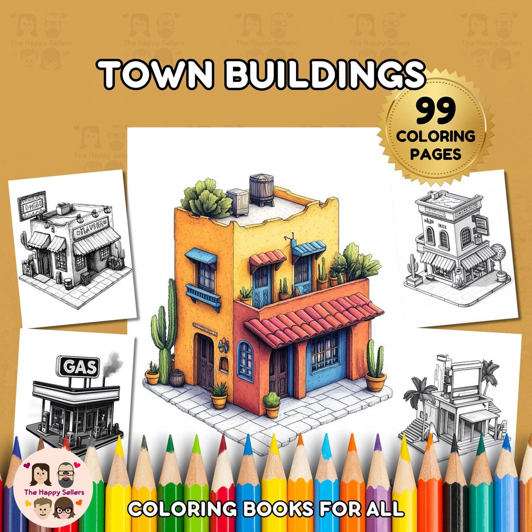 Town Buildings Coloring Book Coloring Book INSTANT DOWNLOAD 99 Pages ...