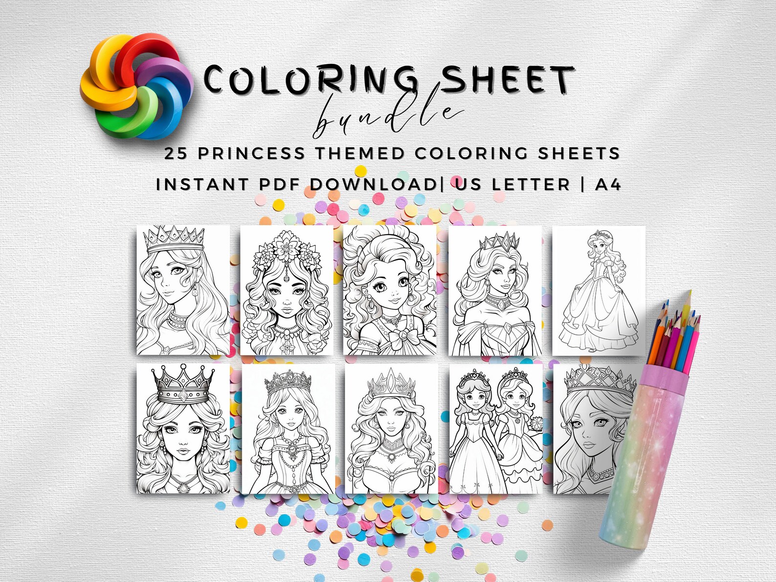 Princess Coloring Sheet Bundle, Printable Royal Colouring Book Kit ...