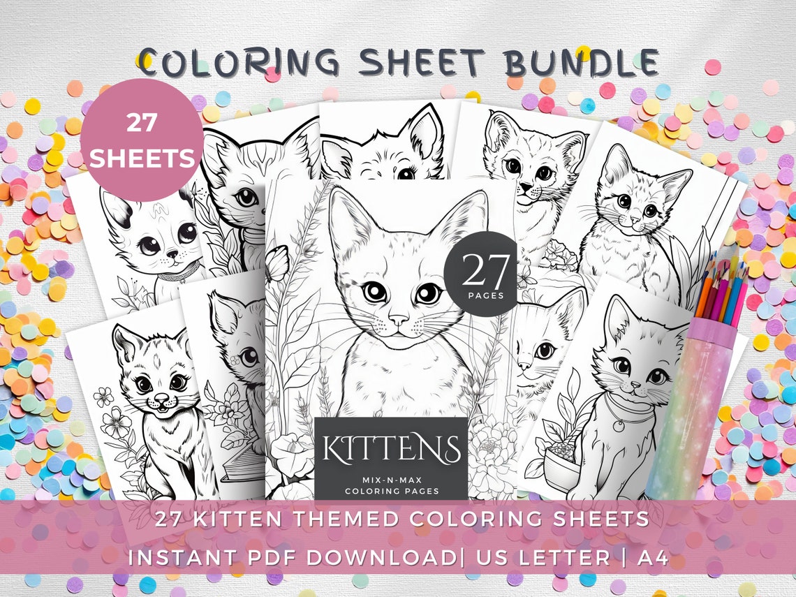 Kittens Coloring Sheet Bundle Printable, Animal Colouring Book Kit ...
