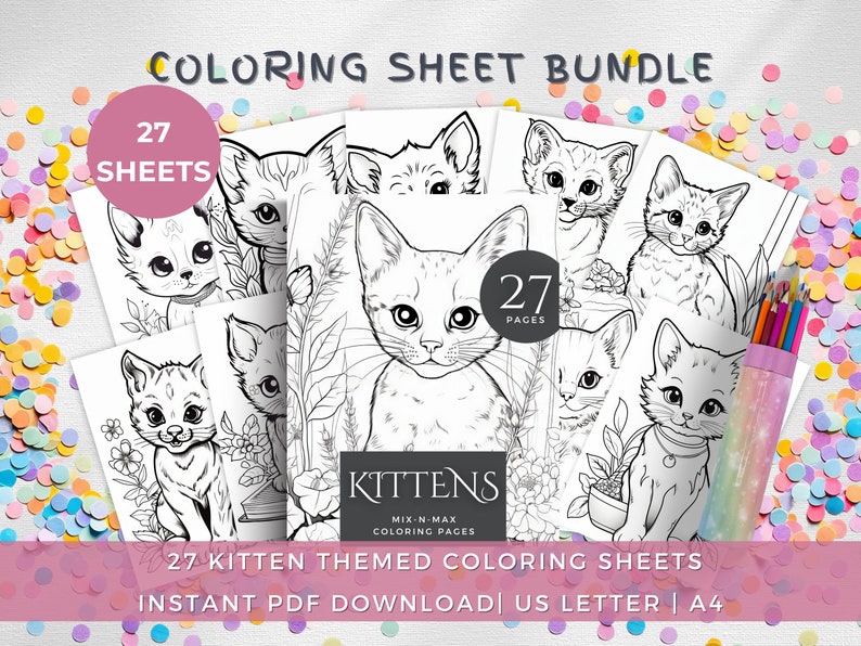 Kittens Coloring Sheet Bundle Printable, Animal Colouring Book Kit ...