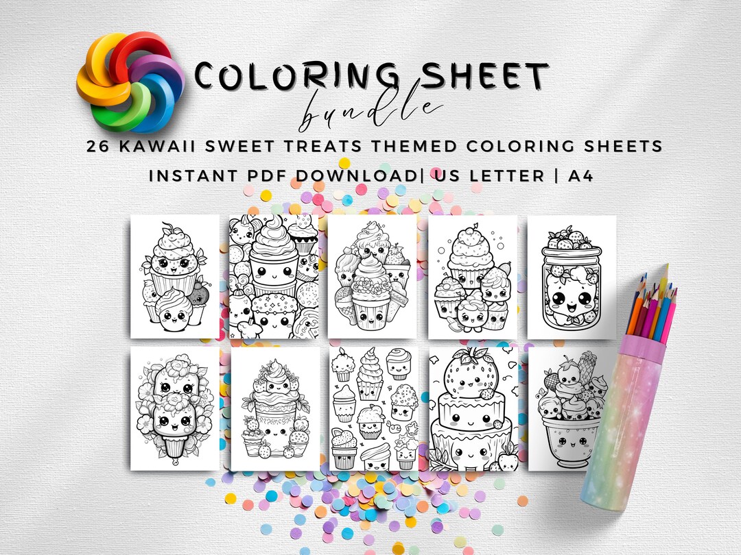 Kawaii Sweet Treat Coloring Sheet Bundle, Cute Strawberry Ice Cream ...