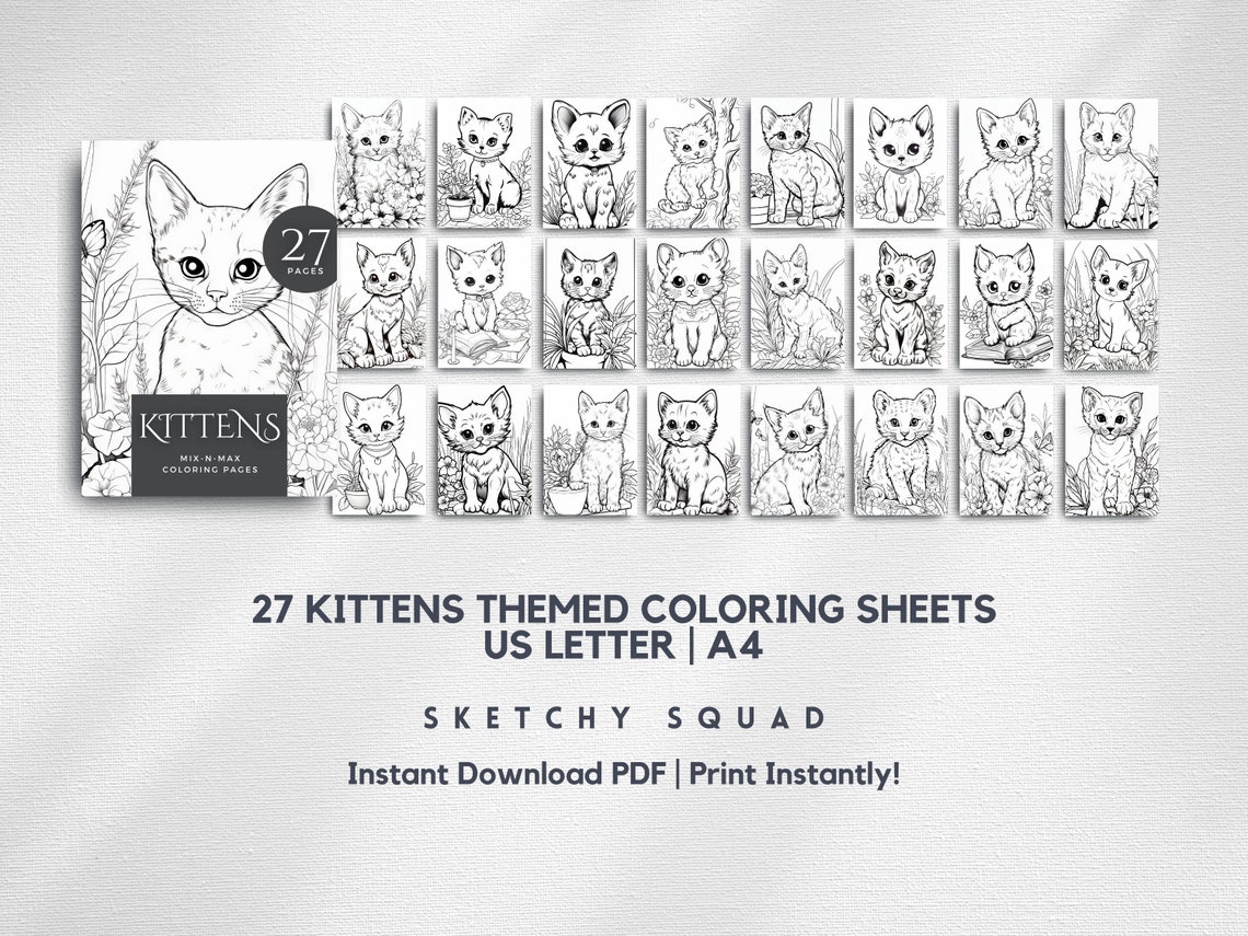 Kittens Coloring Sheet Bundle Printable, Animal Colouring Book Kit ...