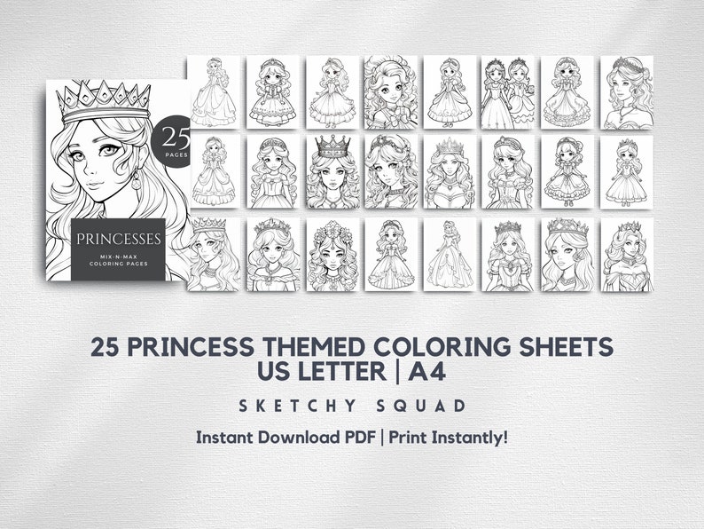 Princess Coloring Sheet Bundle, Printable Royal Colouring Book Kit ...