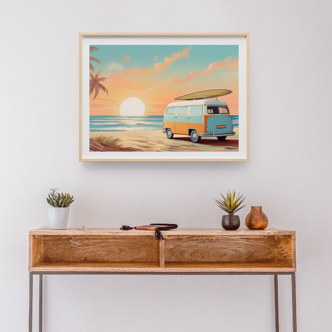 Retro Beach Vibes Print 70s Surf Van & Palm Trees Vintage Summer Wall ...