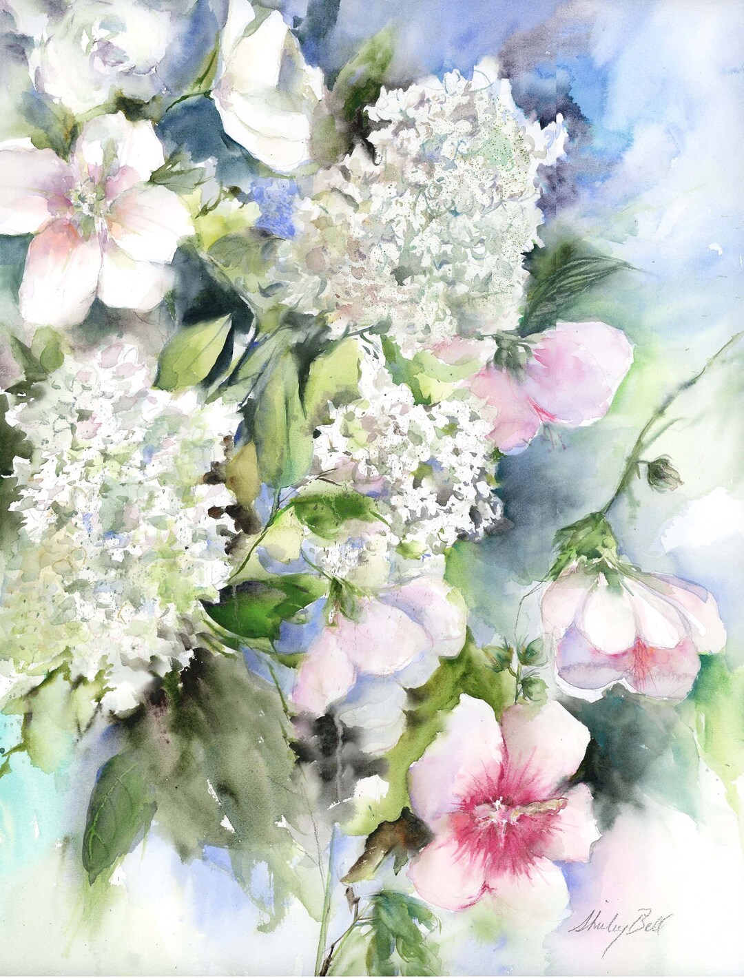 White Hydrangea and Rose of Sharon Print- Watercolor Floral Art- White ...