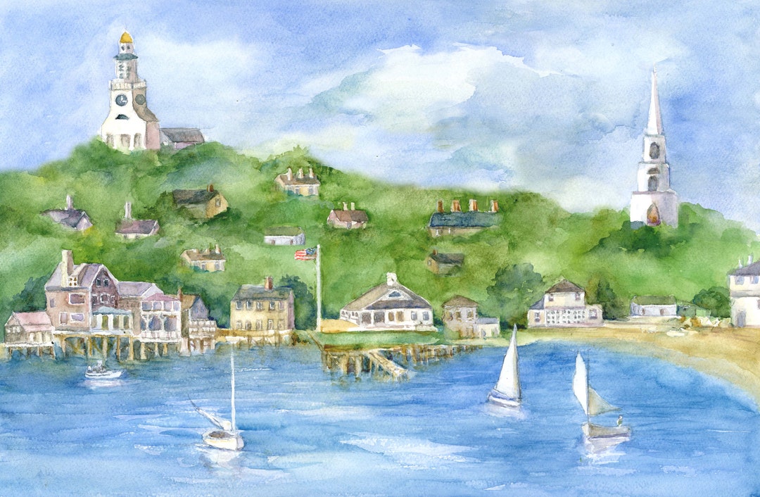 Nantucket Skyline Art -nantucket Waterfront Watercolor Print- Nantucket ...
