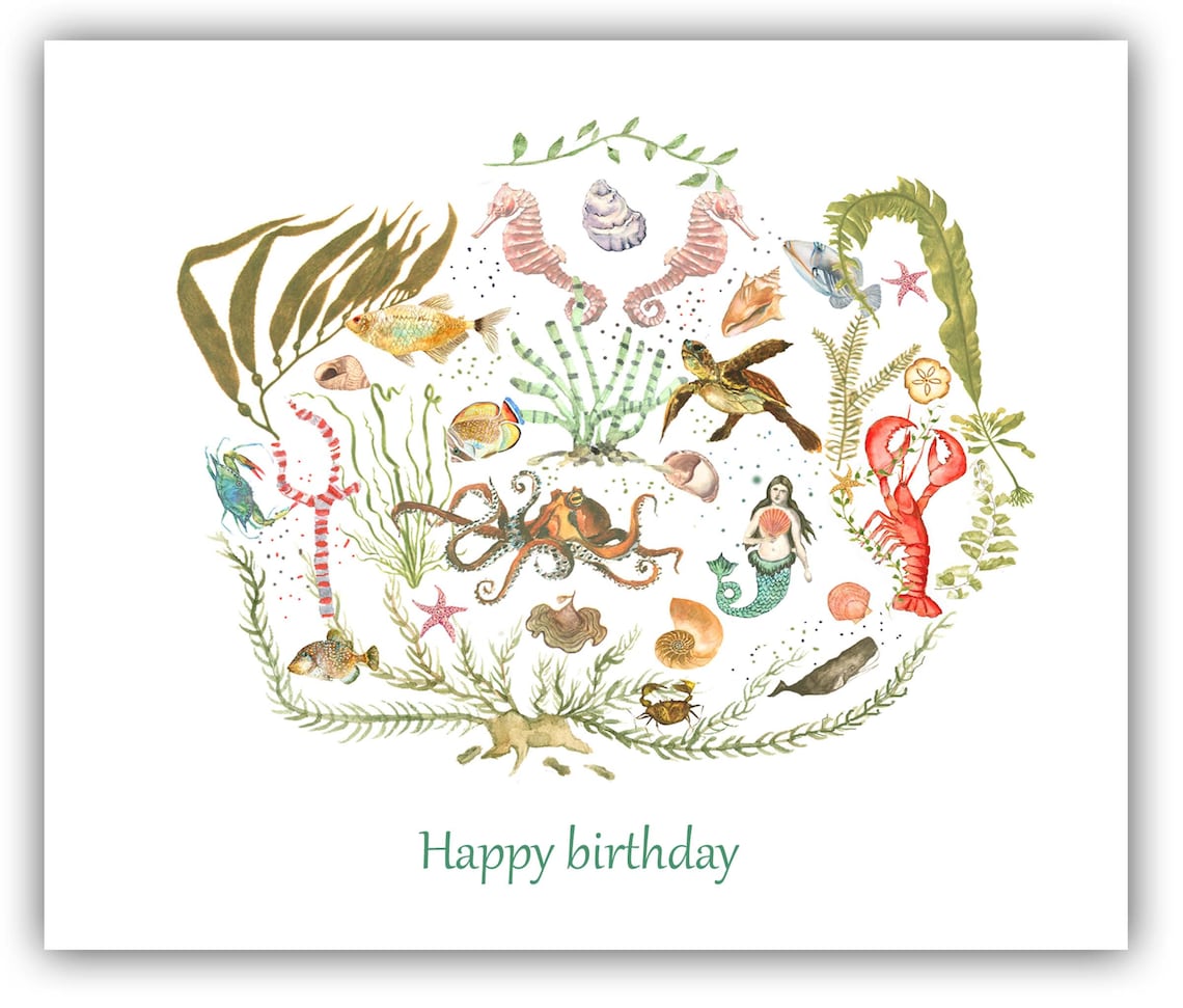 Happy Birthday Sea Creature Note Card. Watercolor Birthday | Etsy