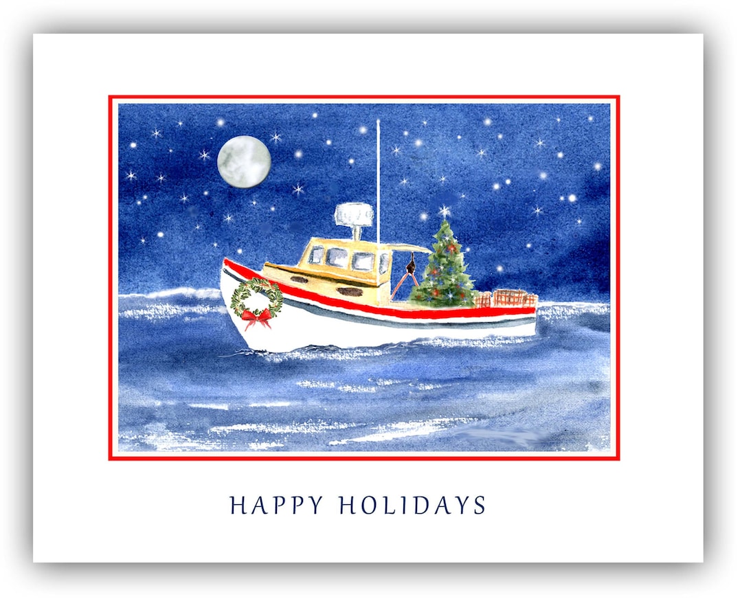 Lobster Boat Christmas Cards- Coastal Holiday Card Set- Nautical ...