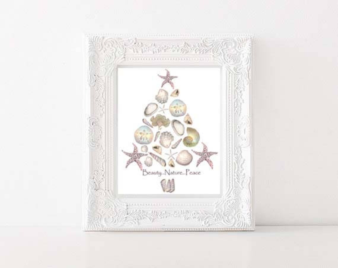 Shell Tree Christmas Print. Sand Dollar Nautilus Shell | Etsy