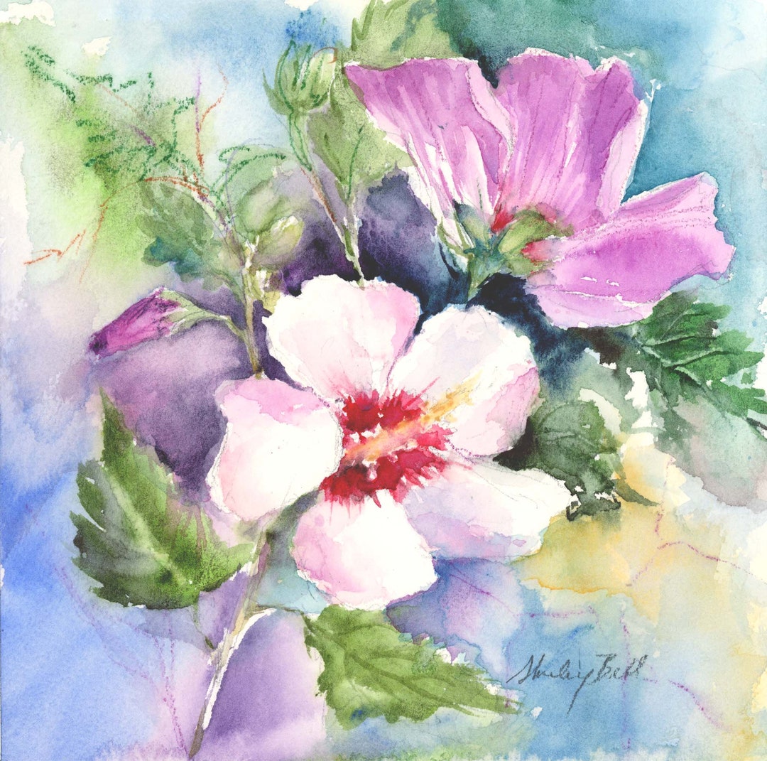 2 Original Rose of Sharon Paintings- Flower Art in Small Pairs ...
