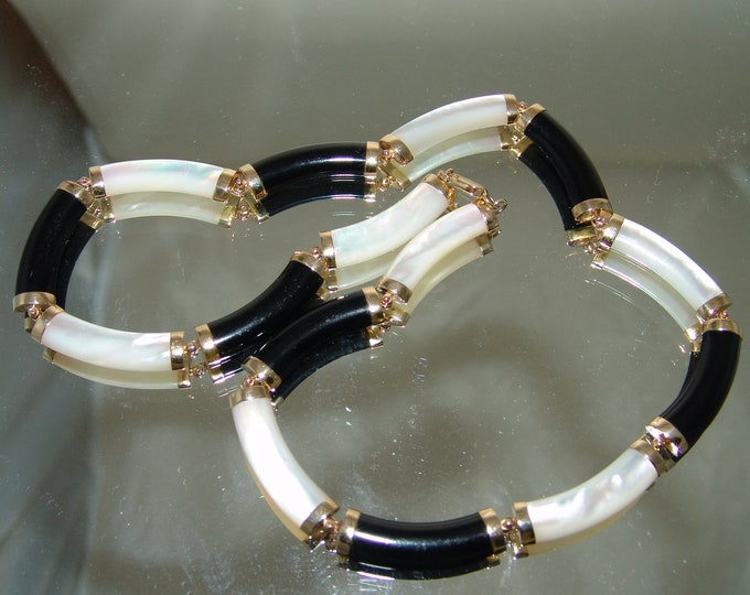 14k Gold Mother of Pearl Onyx Link Necklace Vintage - Etsy