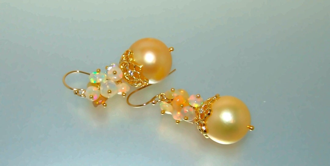 Golden Edison Pearl Earrings: Opal Rondelles, Vermeil Sterling Silver ...