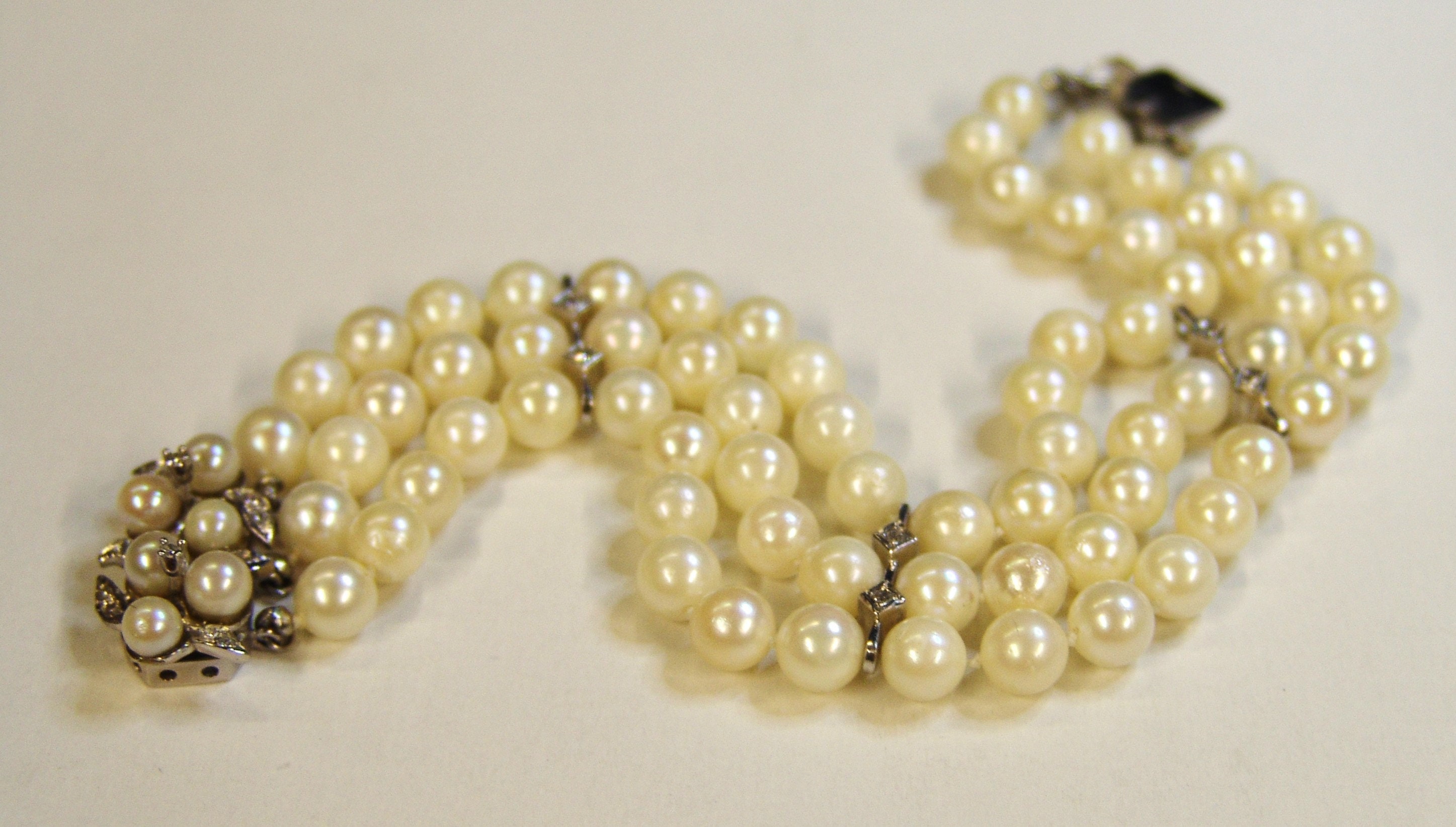 14K White Gold Diamond Pearl Clasp 3 Strand Akoya Japanese Pearl ...