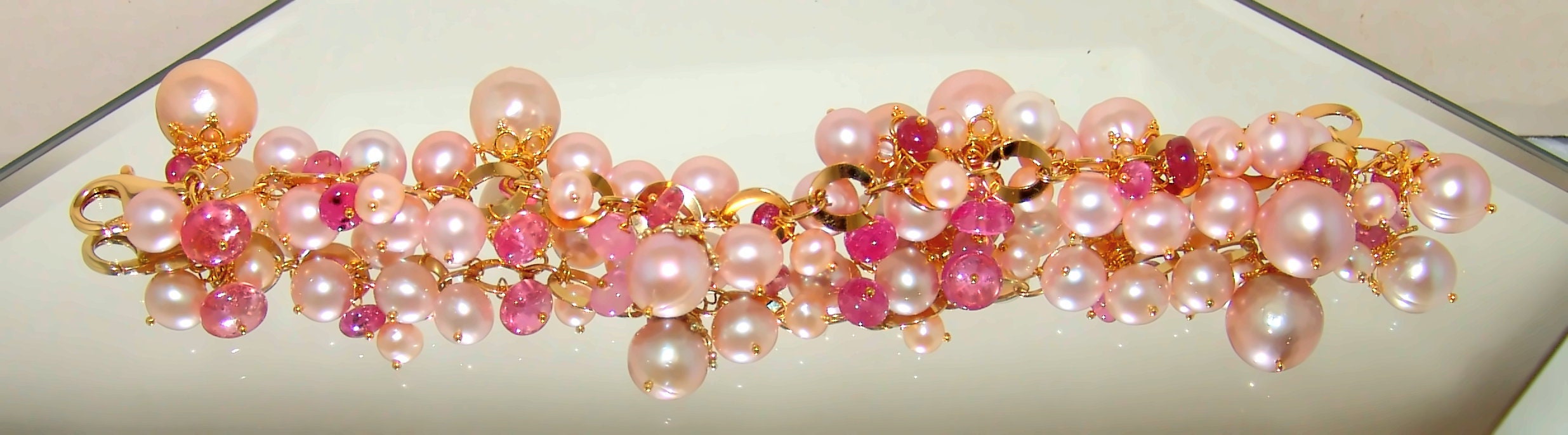 Pink Edison FW Pearls Pink Sapphire Rondelle Charm Cha Cha Bracelet ...