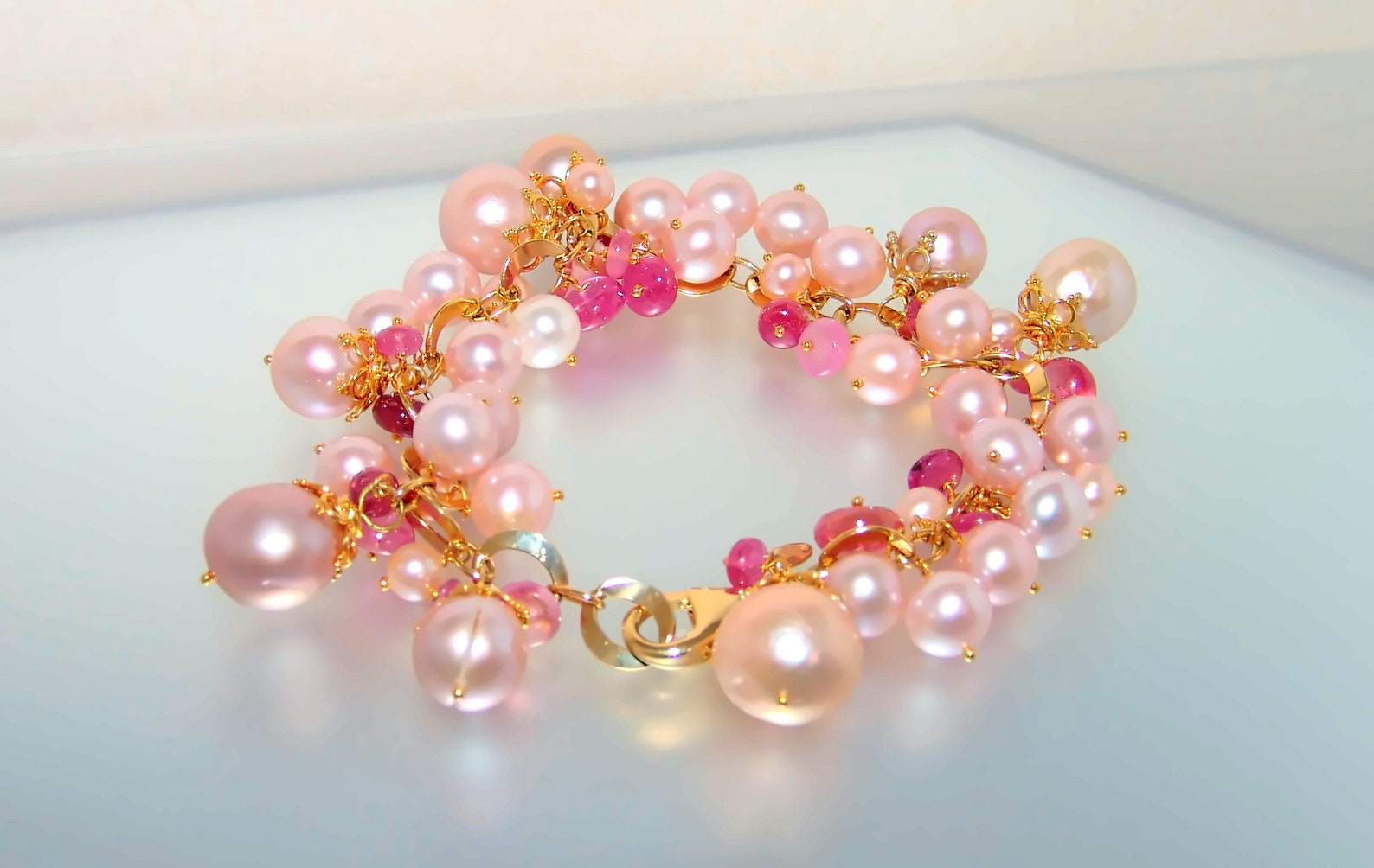 Pink Edison FW Pearls Pink Sapphire Rondelle Charm Cha Cha Bracelet ...