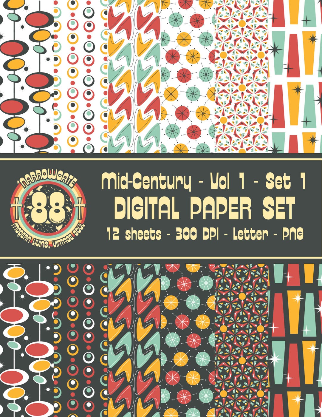 Mid-century Modern Digital Paper Pack Retro Patterned Backgrounds for ...