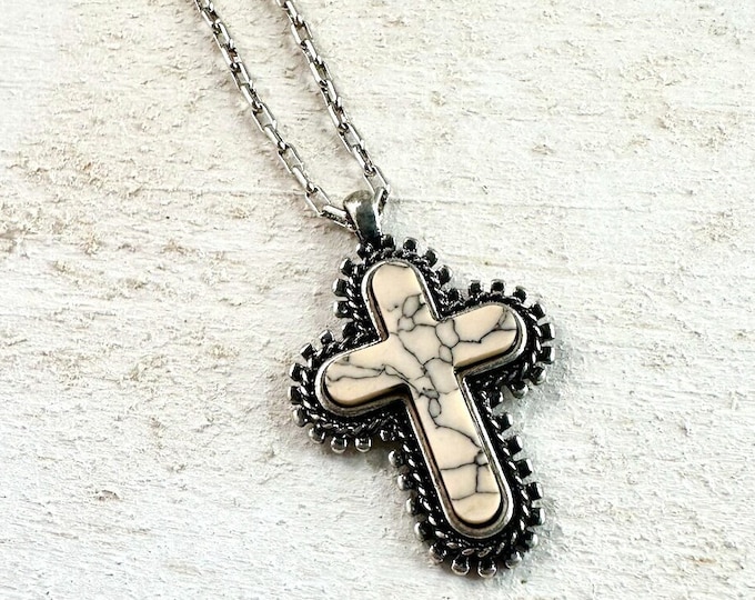 18" Ivory Cross Necklace, Western Pendant Necklace, Ivory Stone Cross ...