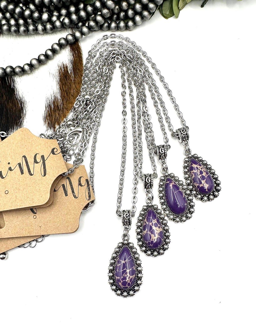 16" Purple Western Teardrop Stone Pendant Necklace, Western Purple ...