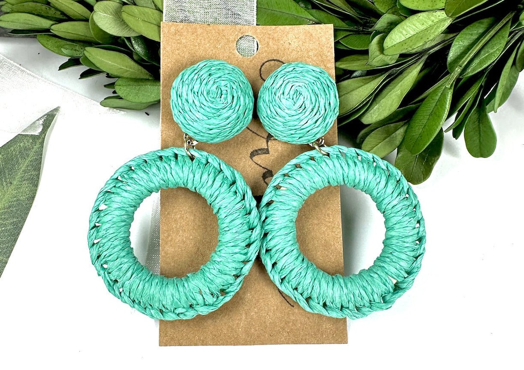 Tropic Aqua Raffia Dangle Earrings, Raffia Wrapped Statement Earrings, Tropic Raffia Circle Drop ...