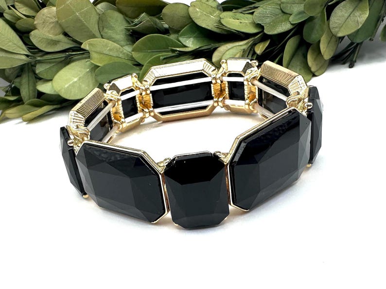 Black Gold Crystal Stretch Bracelet, Emerald Cut Rhinestone Stretch ...