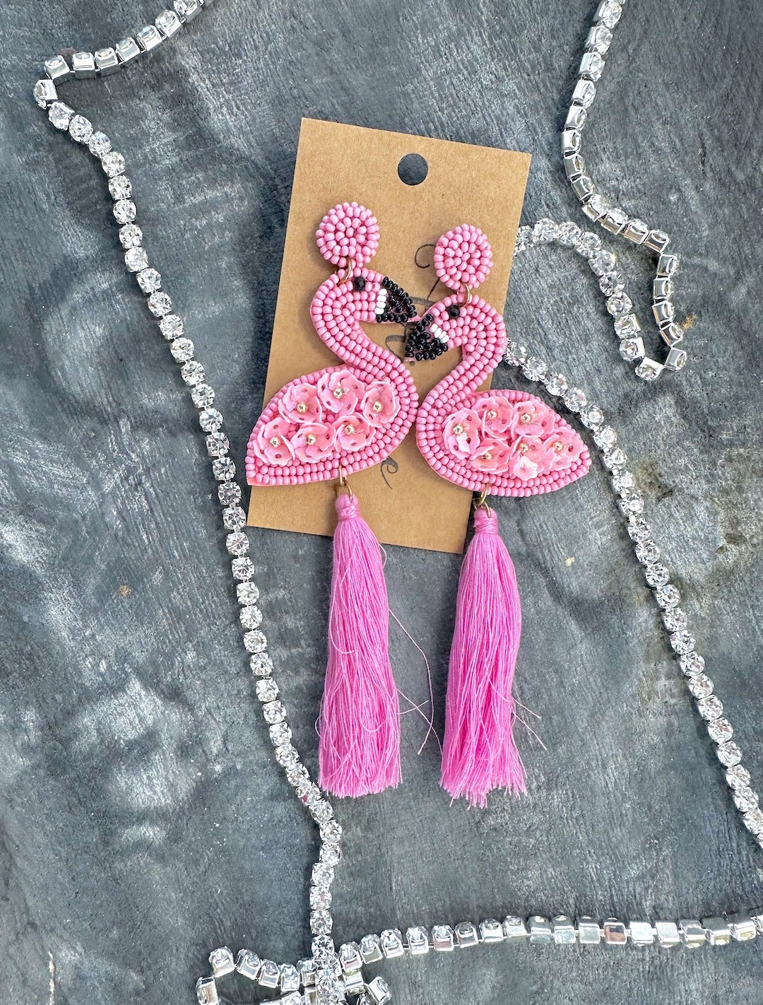 Long Tassel Pink FLAMINGO Bead Earrings, Beaded Earrings, Flamingo ...