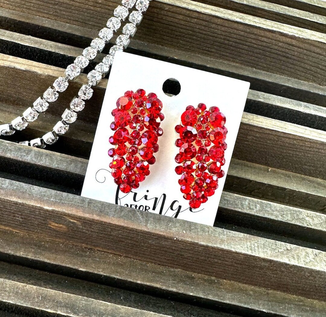 1.5" Red Rhinestone Stud Earrings, Red Prom Earrings, Red Pageant ...