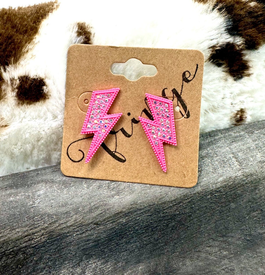 Lightning Bolt Rhinestone Stud Earrings, Neon Pink Bling Stud Earrings ...