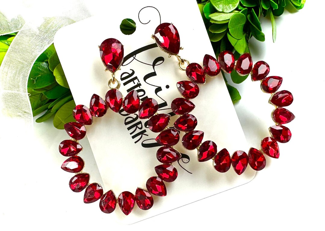 2.75" Red Pageant Hoop Earrings, Red Gold Prom Earrings, Red Circle ...