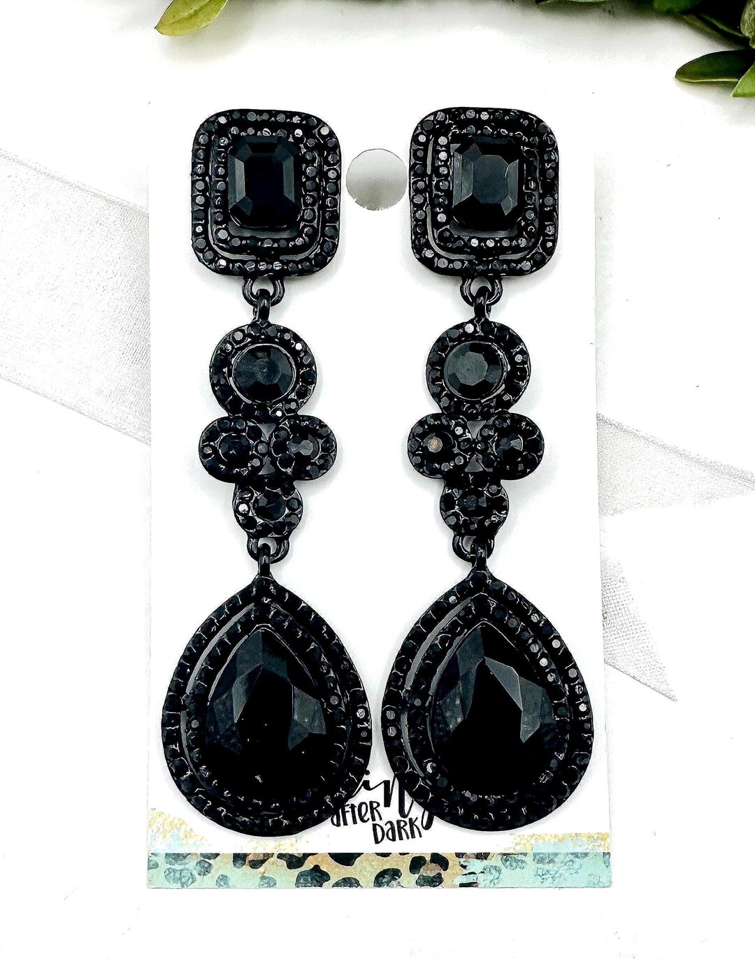 3.2" Black Crystal Dangle Earrings, Long Jet Black Rhinestone Pageant ...