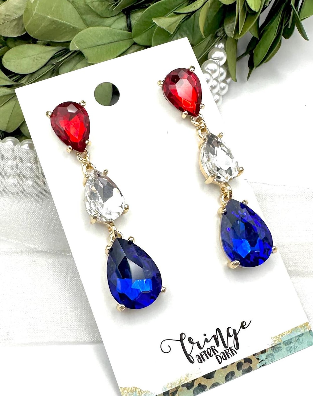 2.25" Red & Blue Crystal Pageant Earrings, Patriotic Rhinestone Dangle ...