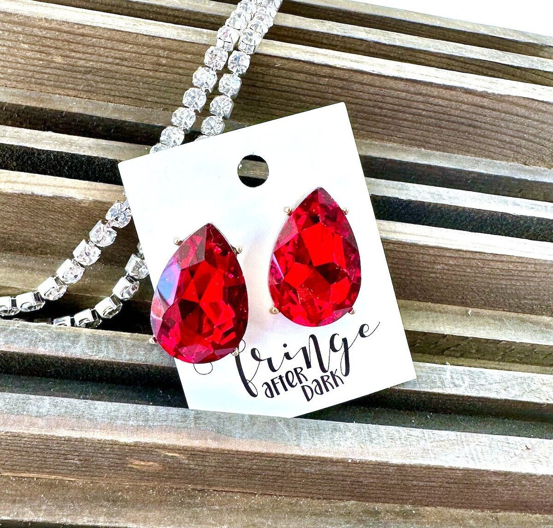 1.20" Red Crystal Stud Earrings, Red Prom Earrings, Red and Gold ...