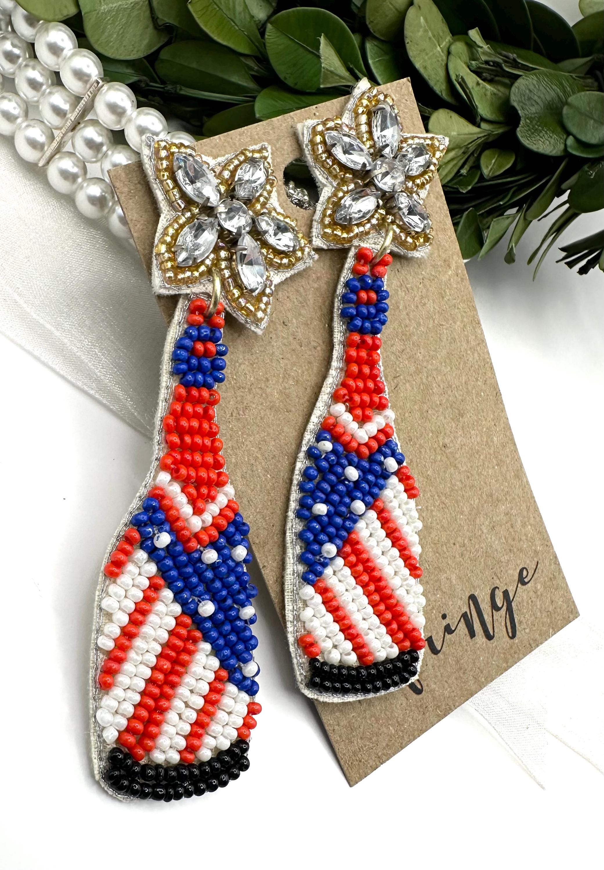 Patriotic Seed Bead Dangle Earrings, Long Stars and Stripes Seed Bead ...