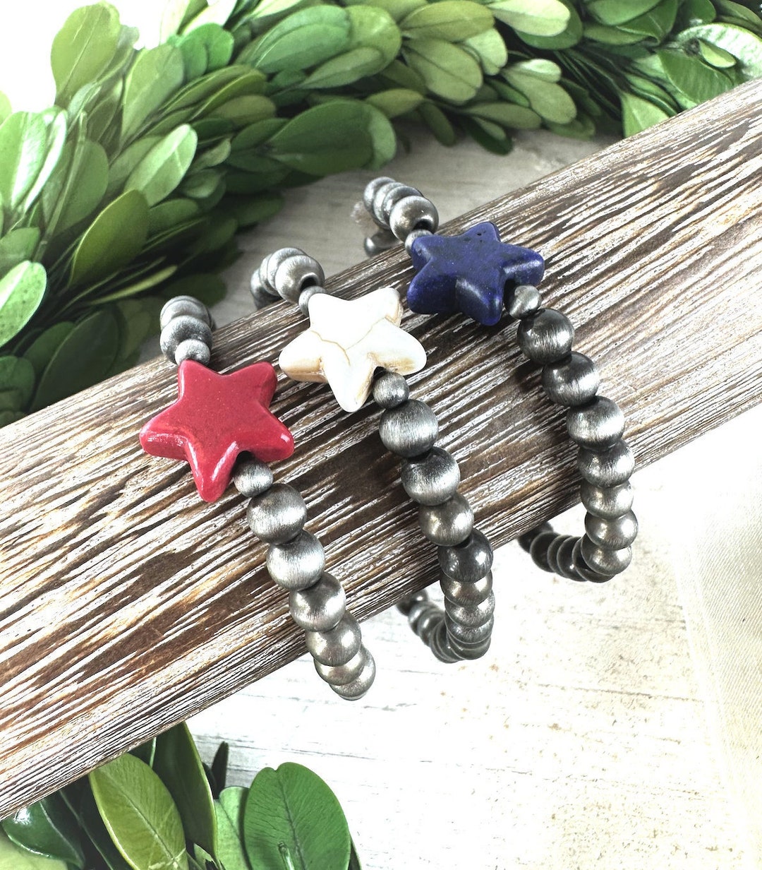 Red White Blue Stone Stretch Bracelet Set, Navajo Pearl Style Star ...