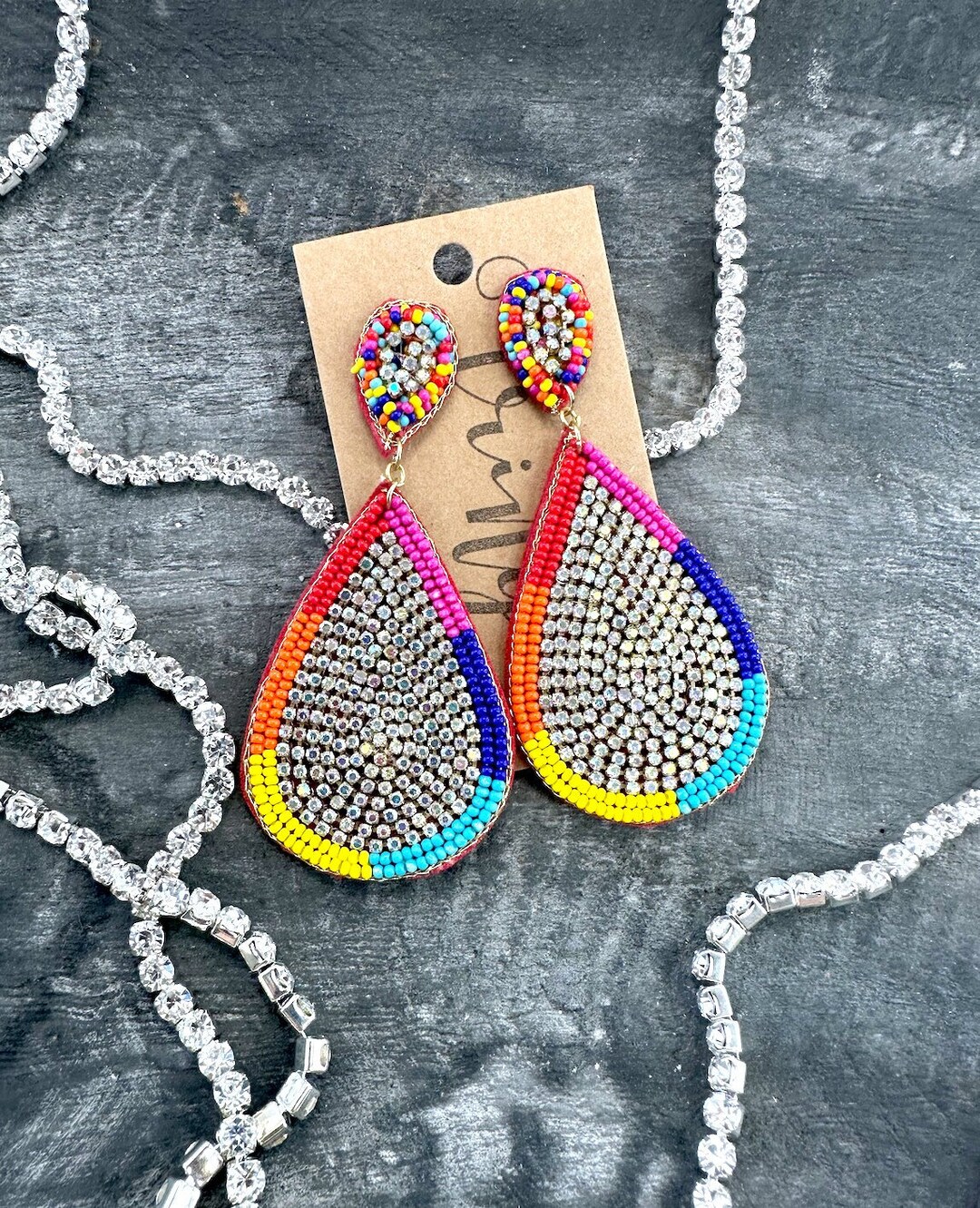 Rainbow Teardrop Rhinestone Bling Seed Bead Earrings, Rhinestone ...