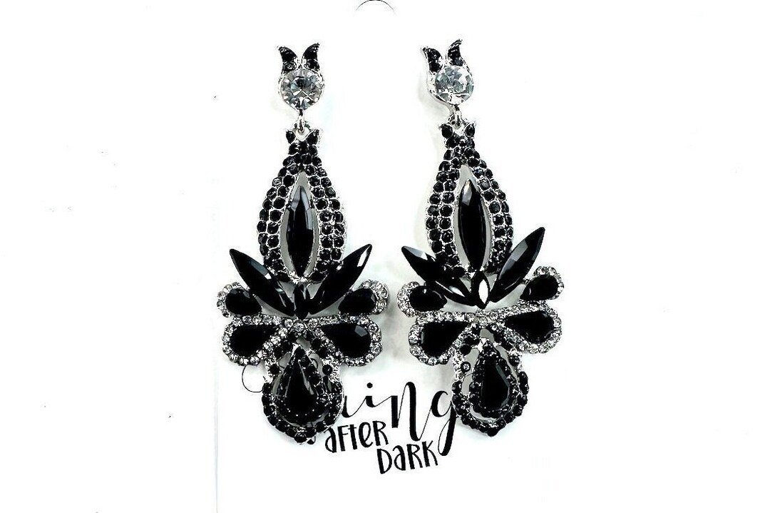 2.5" Black Rhinestone Pageant Dangle Earrings, Black Prom Earrings ...