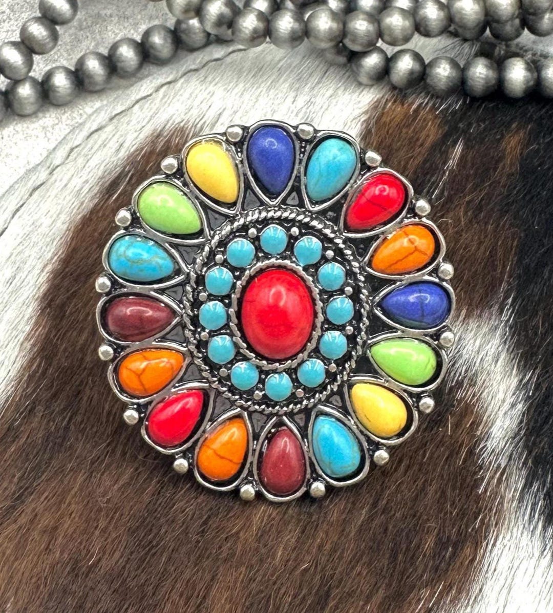 Vibrant Western Squash Blossom Cuff Ring, Large Multi Color Stone ...