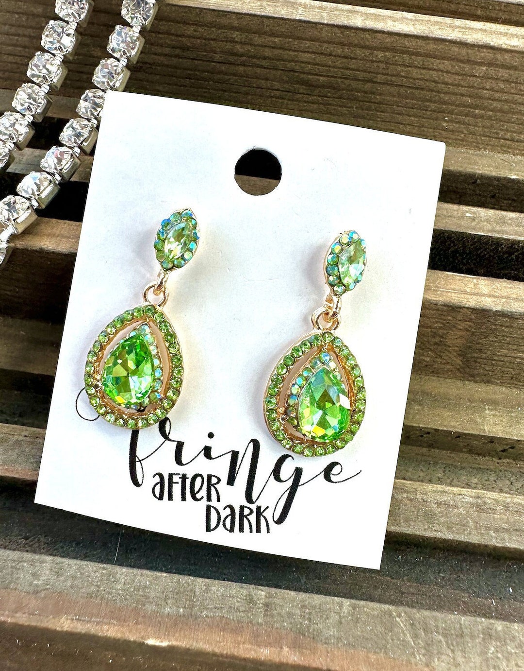 1.26 Green Rhinestone Earrings, Small Green Pageant Earrings, Peridot ...
