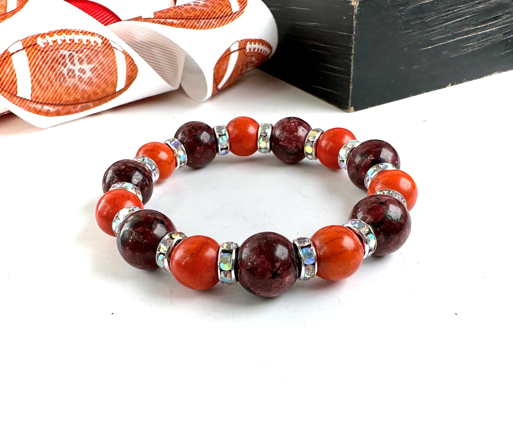 Maroon & Orange Game Day Bracelet, Jade Gemstone School Spirit Bracelet ...