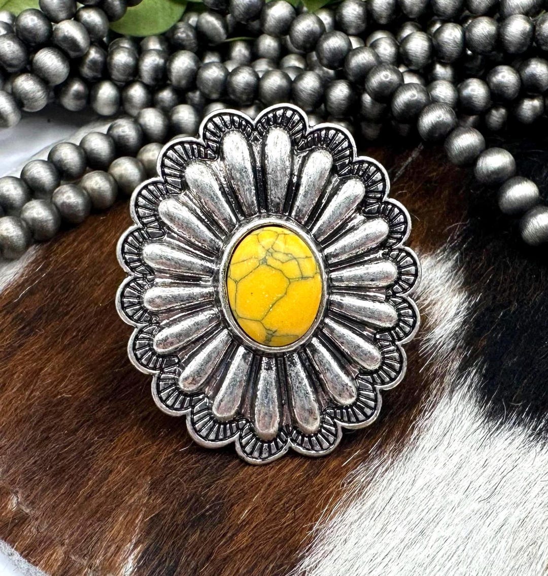 Yellow Western Concho Cuff Ring, Western Squash Blossom Ring, Golden ...