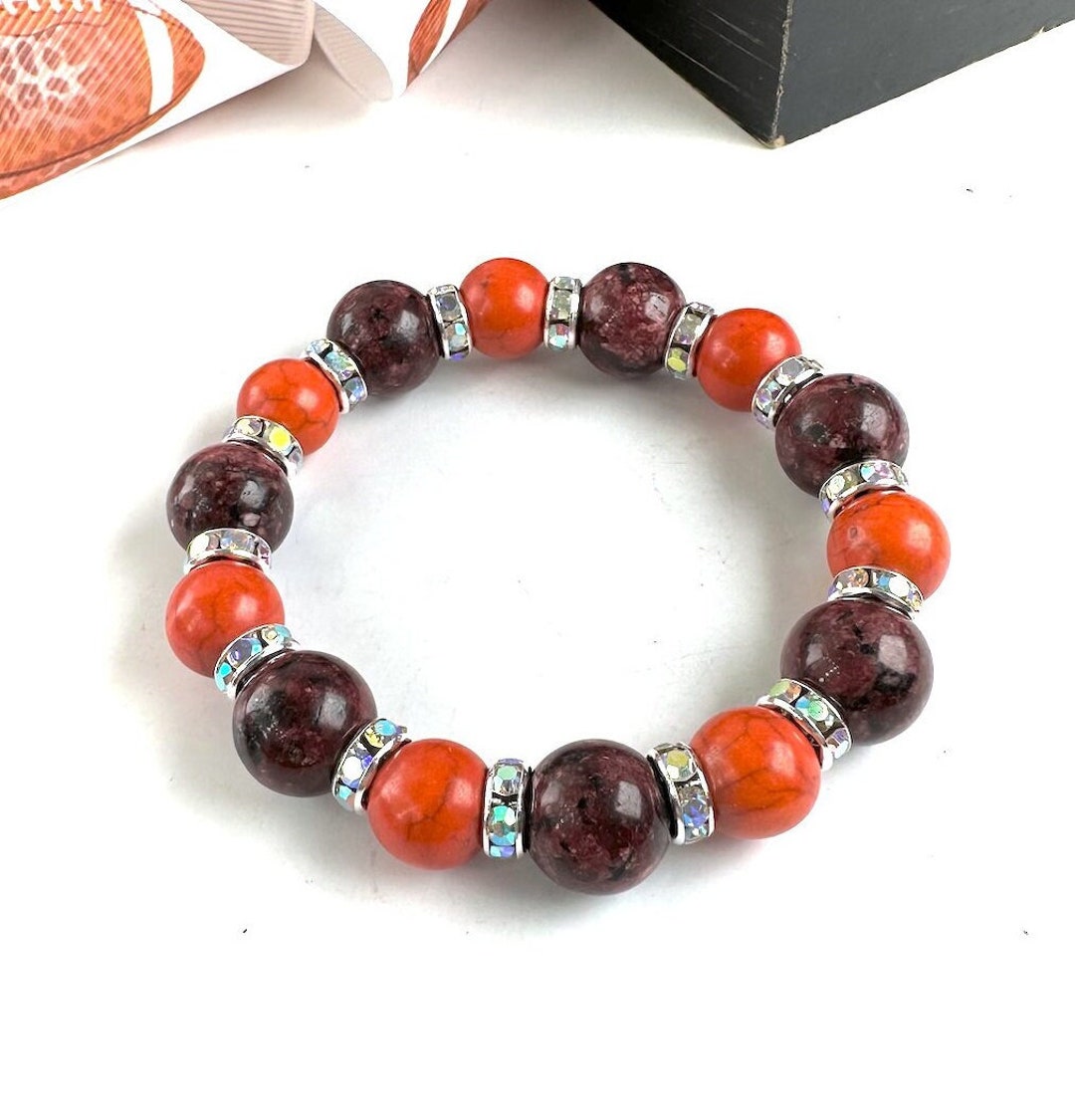 Maroon & Orange Game Day Bracelet, Jade Gemstone School Spirit Bracelet ...