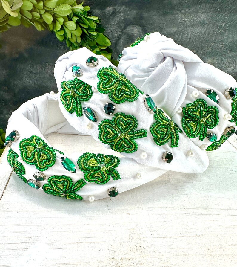 St. Patrick's Day Headband, Seed Bead & Bling Headband, Green Clover ...