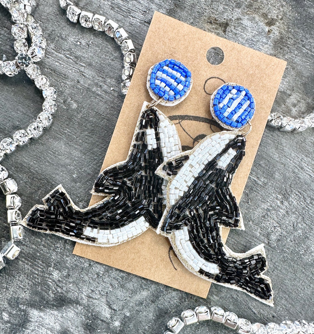 Sea Orca Whale Bead Dangle Earrings, Seed Beaded Whale Orca Dangle ...