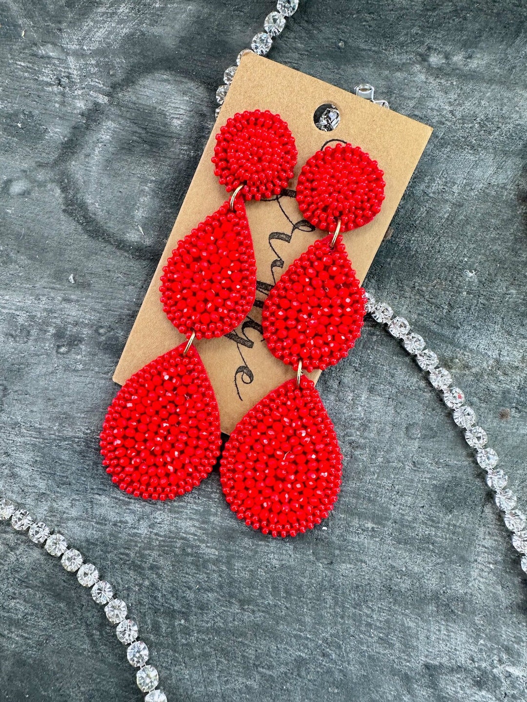 Red Teardrop Bead Statement Earrings, Beaded Earrings, Red Bead ...