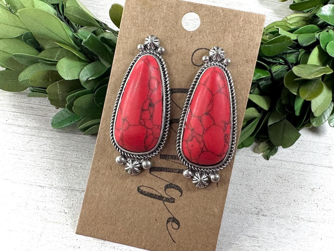 Red Western Stud Earrings, Western Red Stone Earrings, Burnished Silver ...