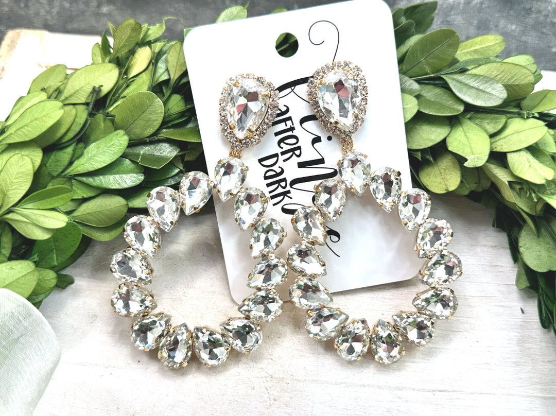 3.5" Crystal Gold Pageant Earrings, Big Rhinestone Prom Dangle Earrings ...